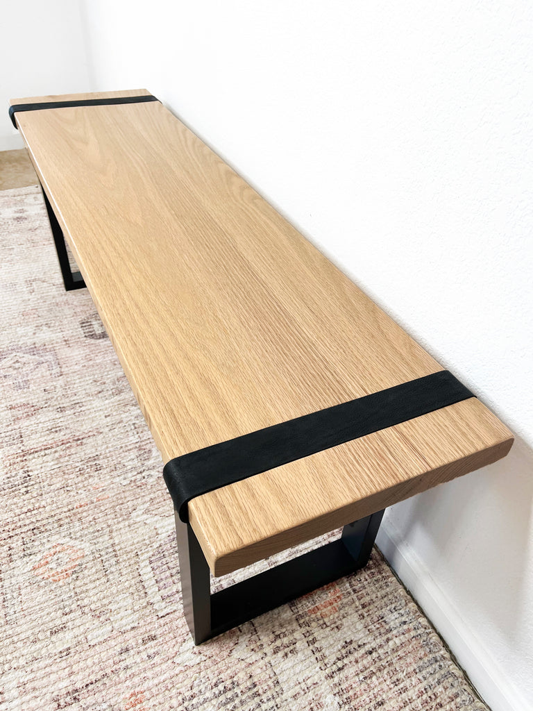 Leather Strap Oak Bench - Solid Red Oak & Genuine Leather - 48 inches ...