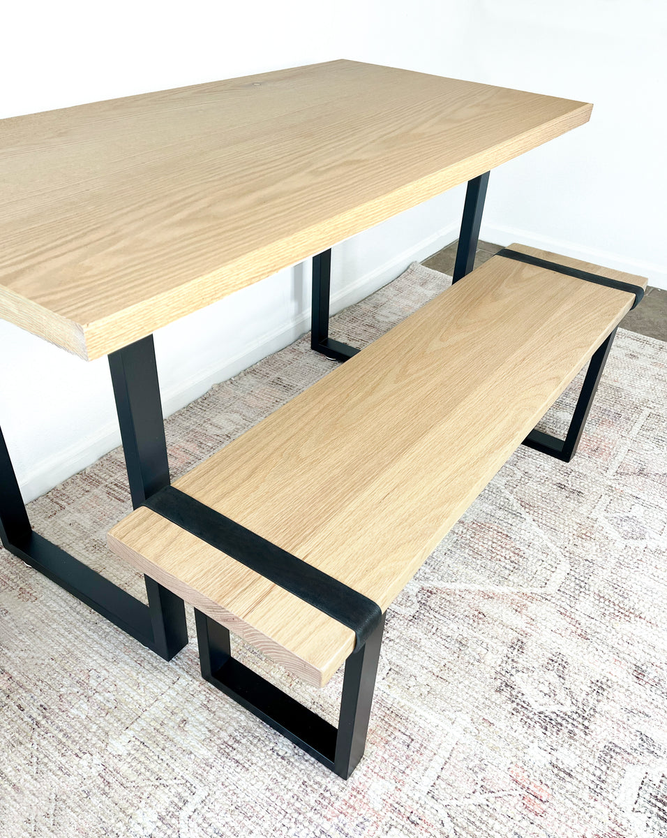 Modern Solid Oak Dining Table & Leather Strap Bench Set (Metal U-shape ...