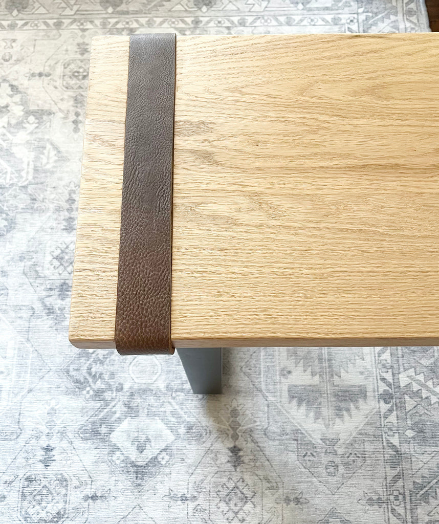 Leather Strap Oak Bench - Solid Red Oak & Genuine Leather - 48 inches ...