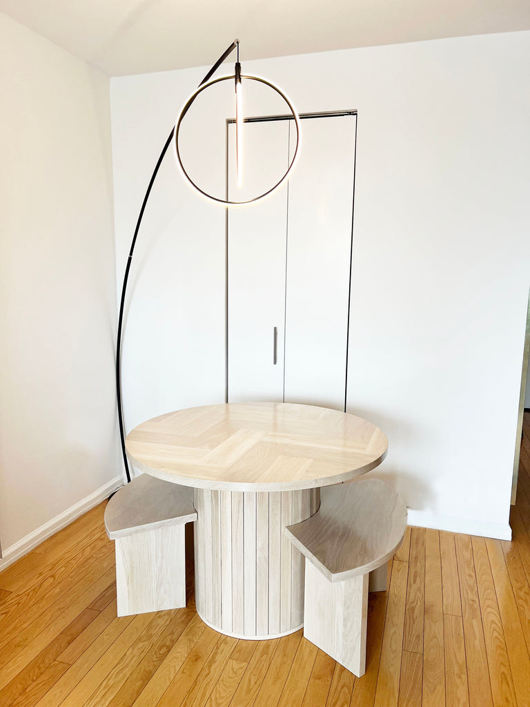 Round White Oak Wood Pedestal Dining Table - (Herringbone Top) - Tipsy ...
