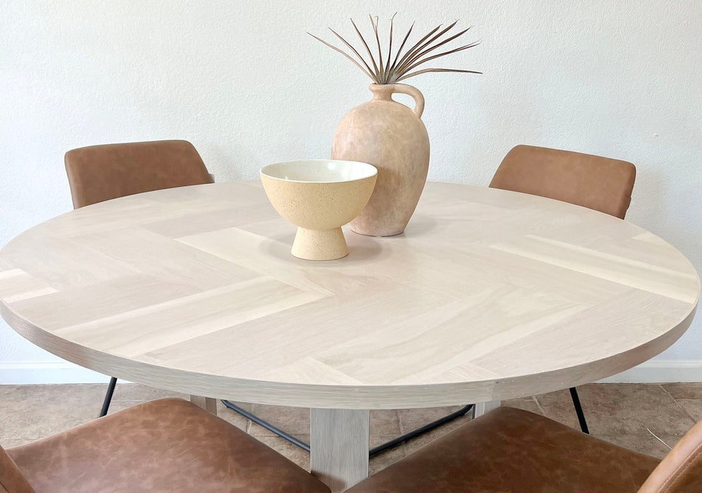 Round White Oak X-style Pedestal Dining Table - (Herringbone Top) - 54 ...