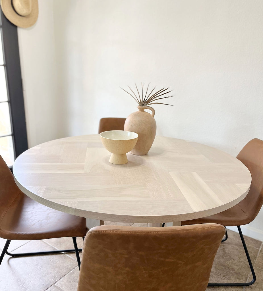 Round White Oak X-style Pedestal Dining Table - (Herringbone Top) - 54 ...