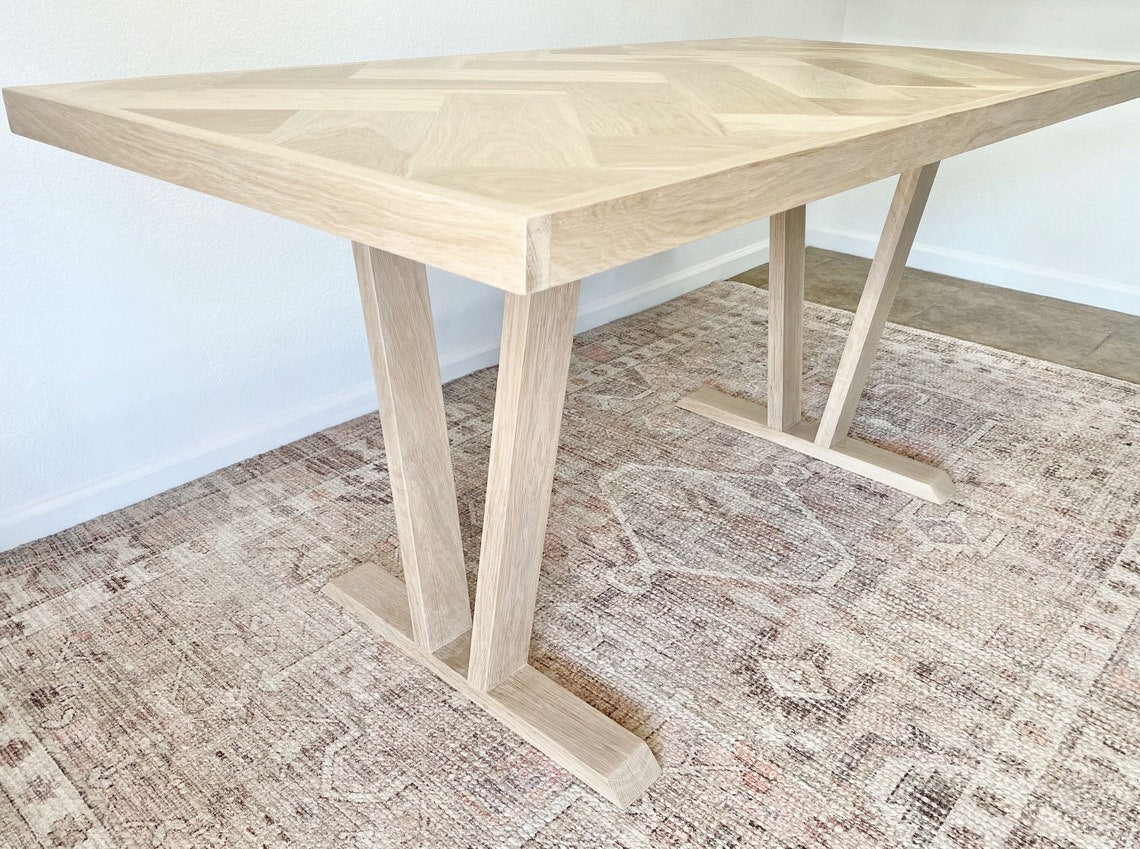 White Oak Trestle Style Dining Table with Herringbone Top, Solid Wood ...